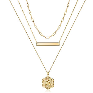 Turandoss Gold Layered Initial Necklaces for Women, Handmade 14K Gold Plated Cute Bar Necklace Layering Bead Chain Hexagon Letter Initial Necklace Layered Necklaces for Women Gold Jewelry Gifts (A)