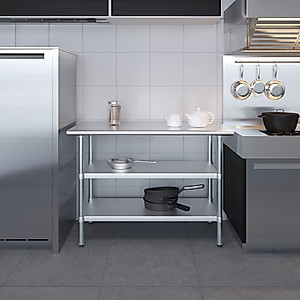 48" Long X 24" Deep Stainless Steel Work Table with 2 Shelves | Metal Food Prep Station | Commercial & Residential NSF Utility Table