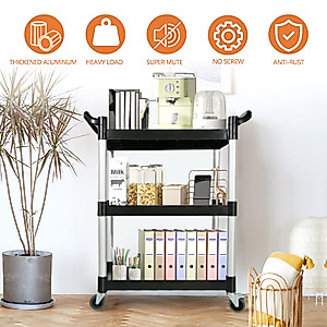 Utility Carts with Wheels,3-Tier Rolling Cart with Wheels, Heavy Duty 510 LBS Food Service Cart with Rubber Pad and Hammer for Kitchen/Office/Warehouse, 31.5" X 16.9" X 38.9"(Black)