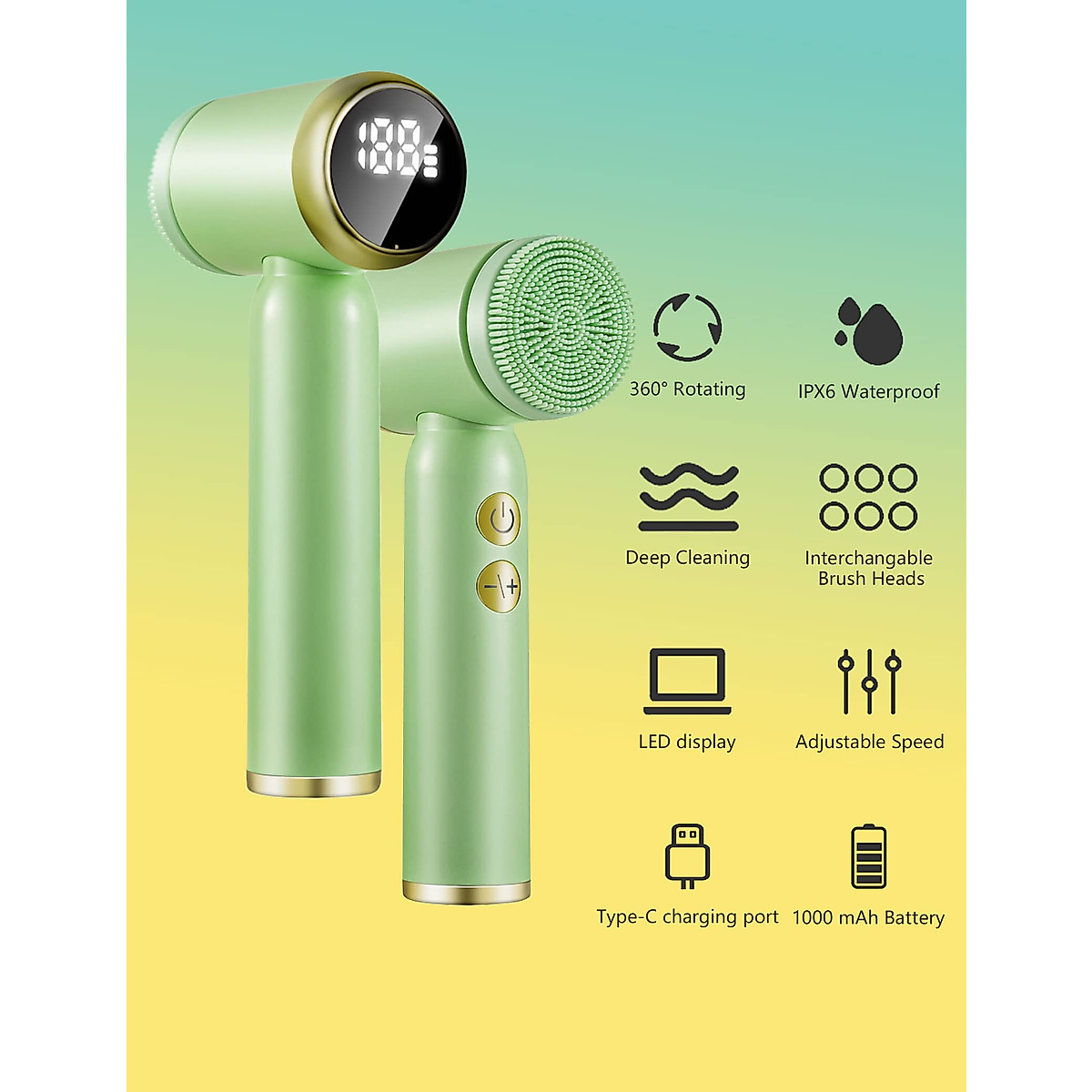 6 in 1 Face Brushes for Cleansing and Exfoliating,Spin Facial Cleansing Brush with LED Display,Electric Face Cleansing Brush,Rechargeable Facial Cleansing Brush with 6 Heads BSROLUNA(Fruit Green)