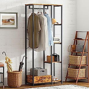 SogesGame Clothes Rack for Hanging Clothes, Black Clothing Rack with Shelves and Drawer, Freestanding Garment Rack for Bedroom Wardrobe Rack for Hanging Coats, Shirts, Skirts, Sweaters