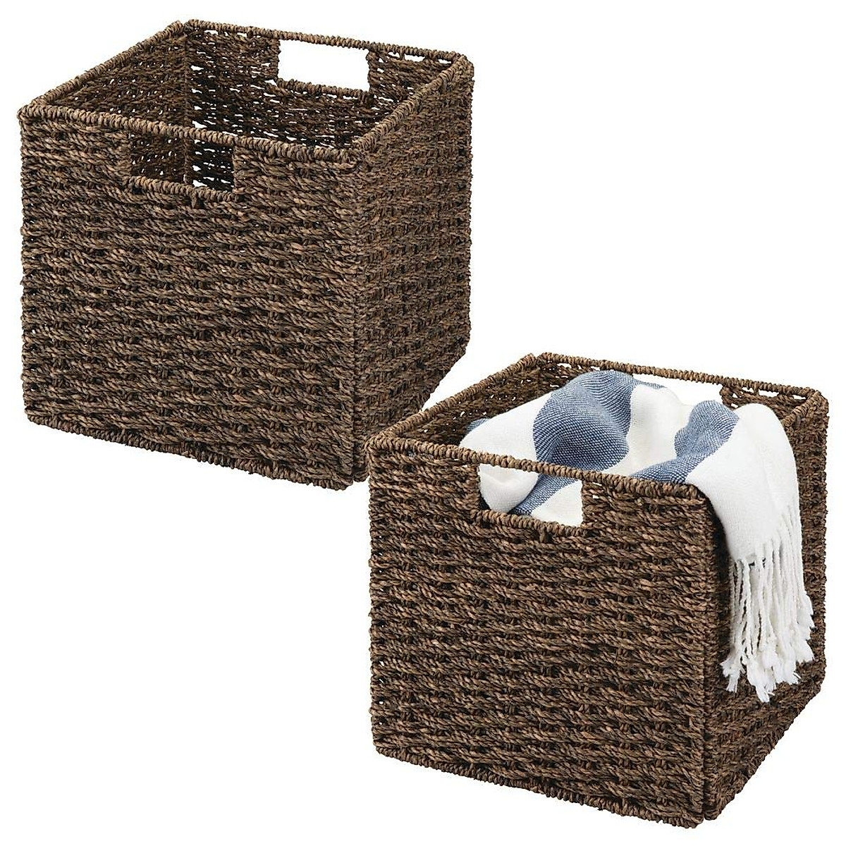 mDesign Natural Woven Seagrass Closet Storage Organizer Basket Bin - Collapsible - for Cube Furniture Shelving in Closet, Bedroom, Bathroom, Entryway, Office - 10.5" High, 2 Pack - Chestnut Brown