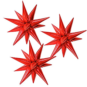 CYMYLAR 3pcs 26inch 3D Explosion Star foil balloon, christmas day red Foil Cone star burst Balloons for Birthday Wedding New Year Party Event