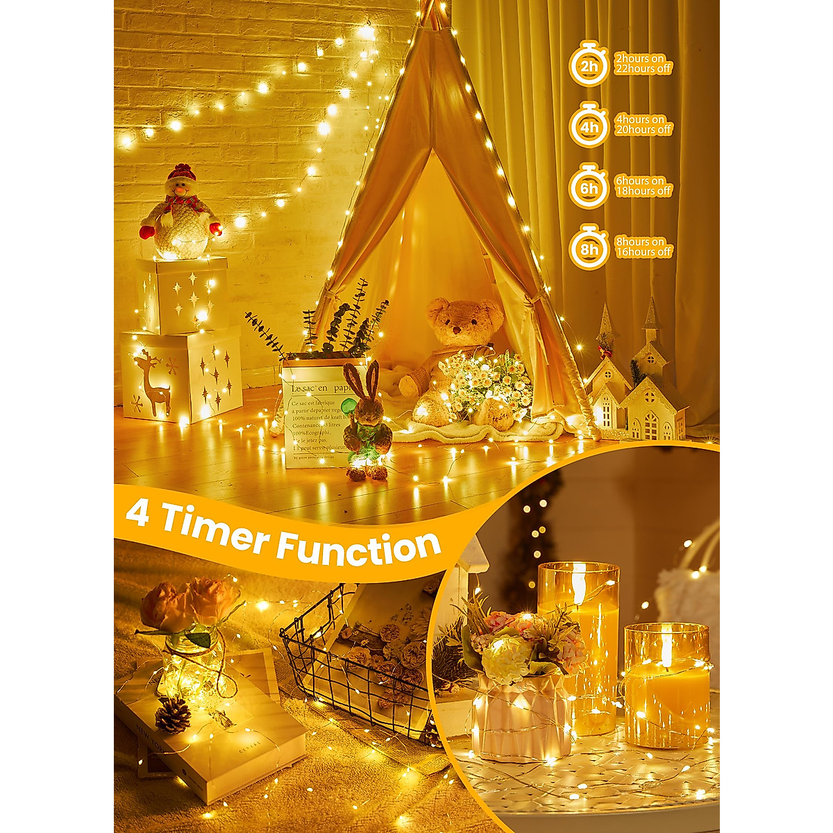 Minetom USB Fairy String Lights with Remote and Power Adapter, 66 Feet 200 Led Firefly Lights for Bedroom Wall Ceiling Christmas Tree Wreath Craft Wedding Party Decoration, Warm White