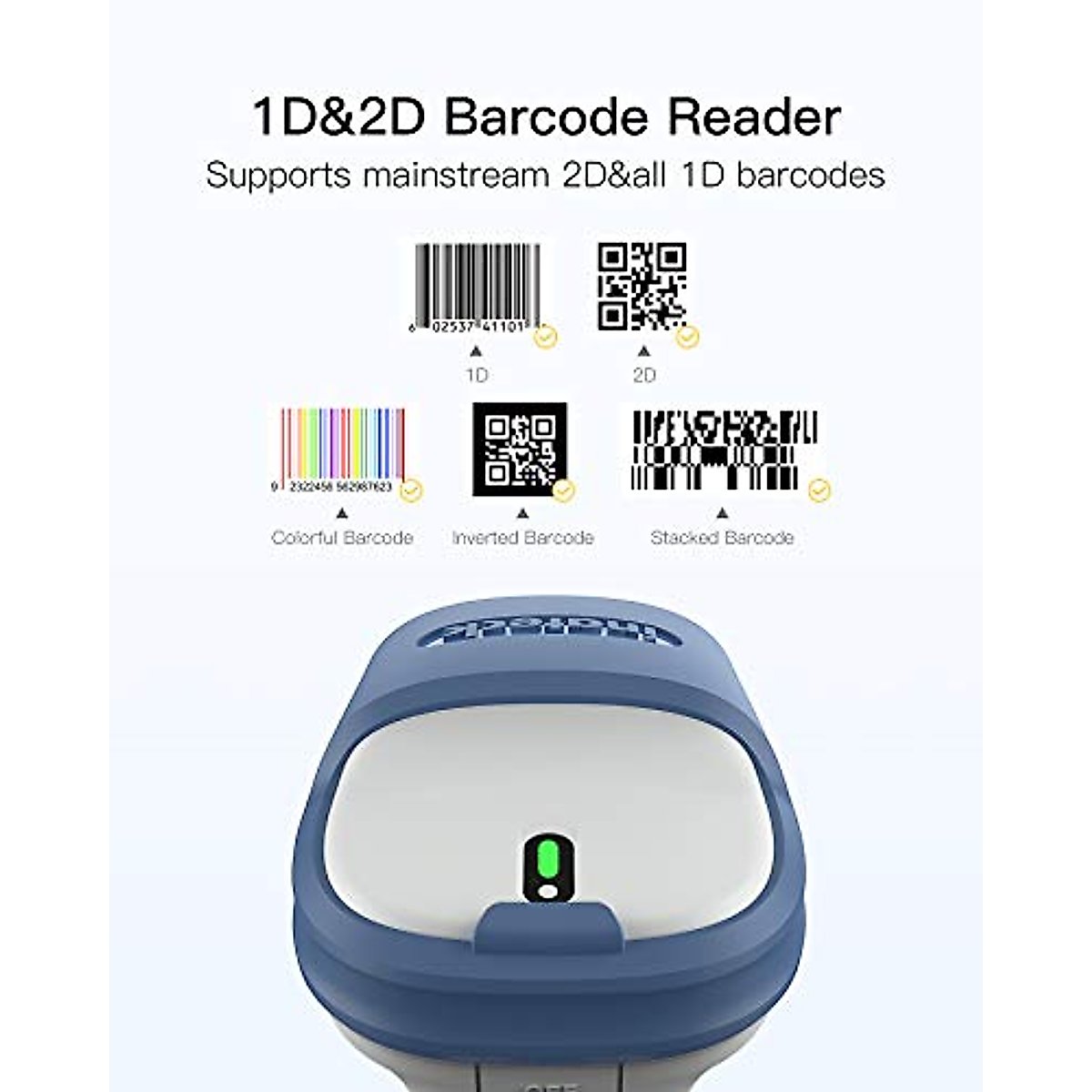 Inateck Bluetooth Barcode Scanner, 2D Wireless Barcode Scanner, Bluetooth 5.0 and 2.4Ghz Adapter, 3 in 1 Reader, Support GS1 Barcode, BCST-73 Blue White