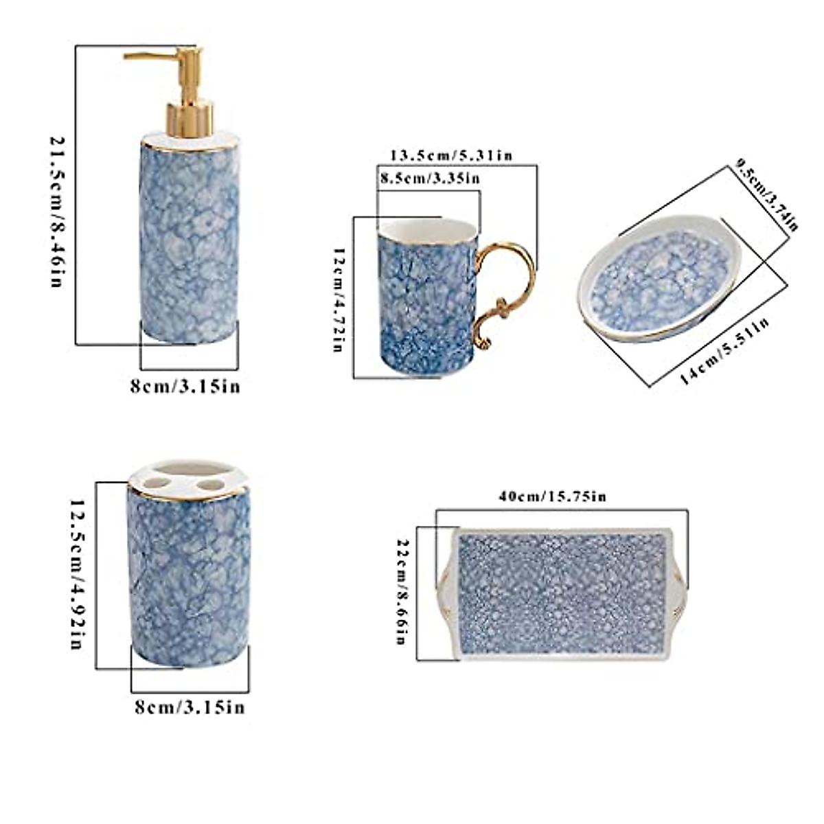 YAYA2021-SHOP Soap Bottles European Style Bathroom Accessories Set Ceramic 6-Pieces Bath Sets Includes Soap Dispenser Toothbrush Holder Tumblers Soap Dish and Tray, Gold Rim Soap Dispenser