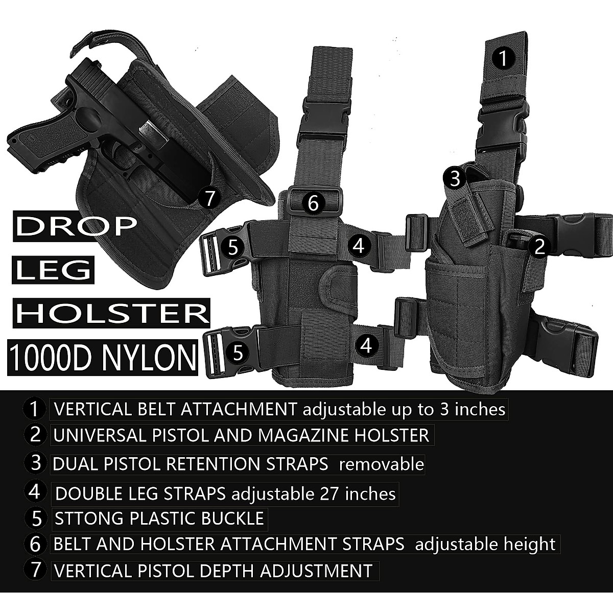 Molle Tactical Pistol Thigh Gun Holster, Drop Leg Holster, Right Hand Adjustable