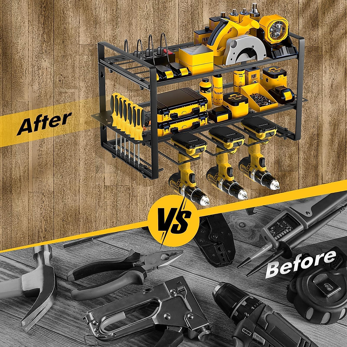 Power Tool Organizer Wall Mount, 2 Pack 3 Layers Garage Wall Shelving, 8 Drill Holder Wall Mount, Cordless Tool Organizer, Garage Storage Rack with 4 Extension Cord Holder