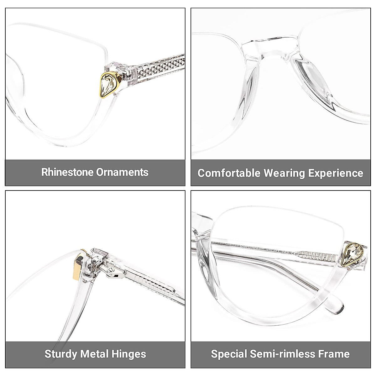Zeelool Stylish Semi-rimless Cat Eye Glasses Frame for Women with Non-prescription Clear Lens Felicia VHP0189-01 Crystal