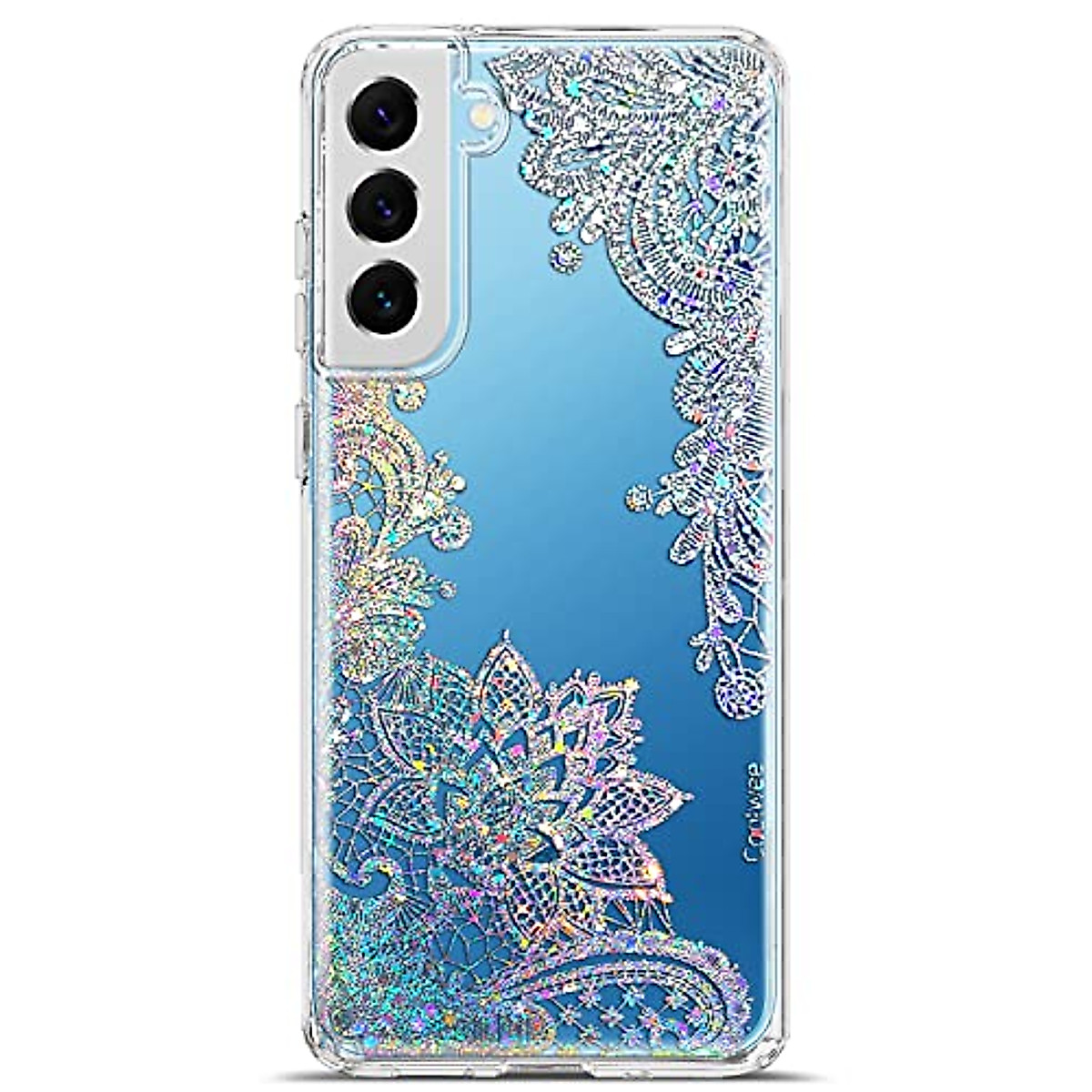 Coolwee Clear Glitter for Galaxy S22, 6.1 inch, Thin Flower Slim Cute Crystal Lace Bling Shiny for Women Girls Floral Plastic Hard Back Soft TPU Bumper Protective Cover for Samsung S22 Mandala Henna