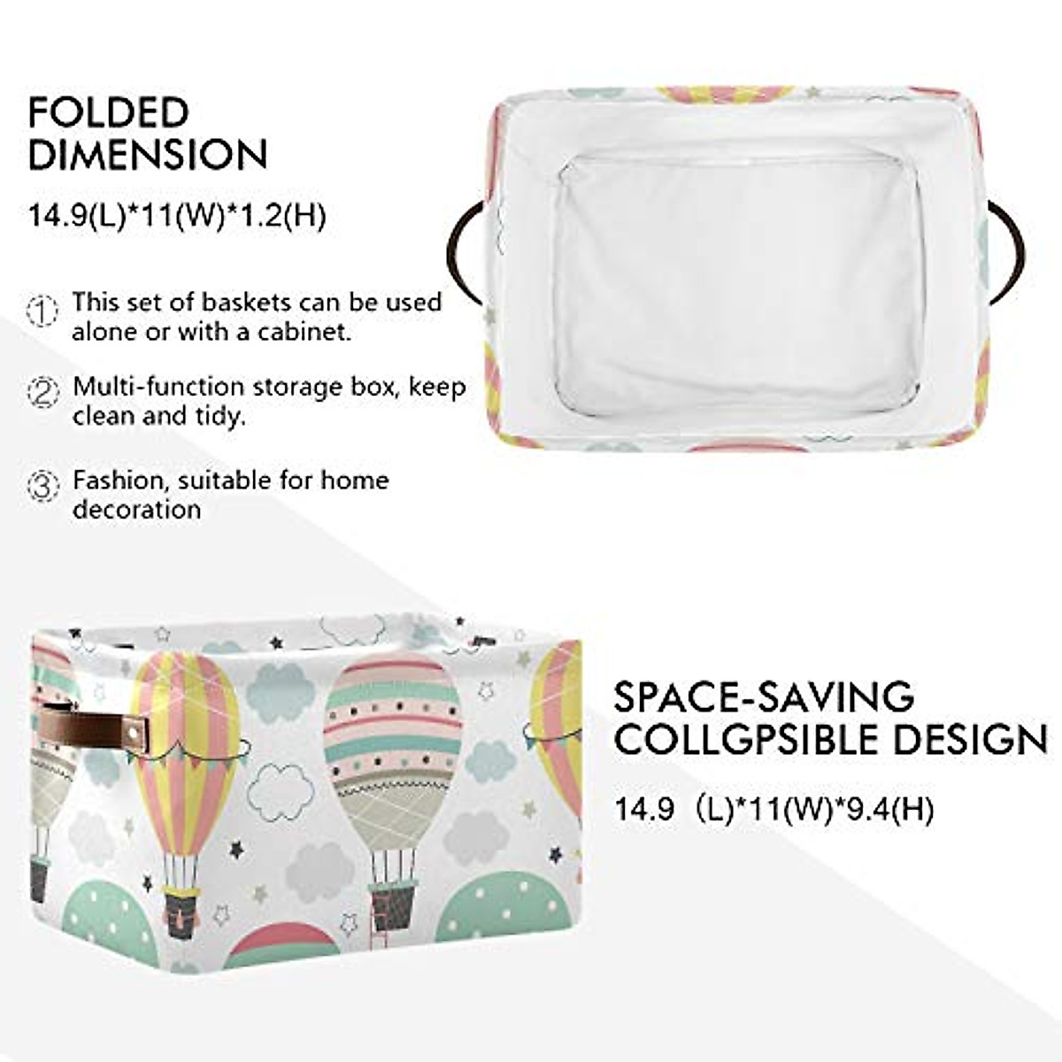 susiyo Large Foldable Storage Bin Hot Air Balloon Flying Fabric Storage Baskets Collapsible Decorative Baskets Organizing Basket Bin with PU Handles for Shelves Home Closet Bedroom Living Room-2Pack