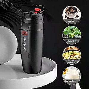 SEADEAR Car Heated Mug, Stainless Steel Insulated Mug Electric Smart Coffee Mug Electric Mug Car LCD Electric Display Water Mug 12V/24V Travel Thermos Water Heater Thermos for Coffee Tea Milk Black