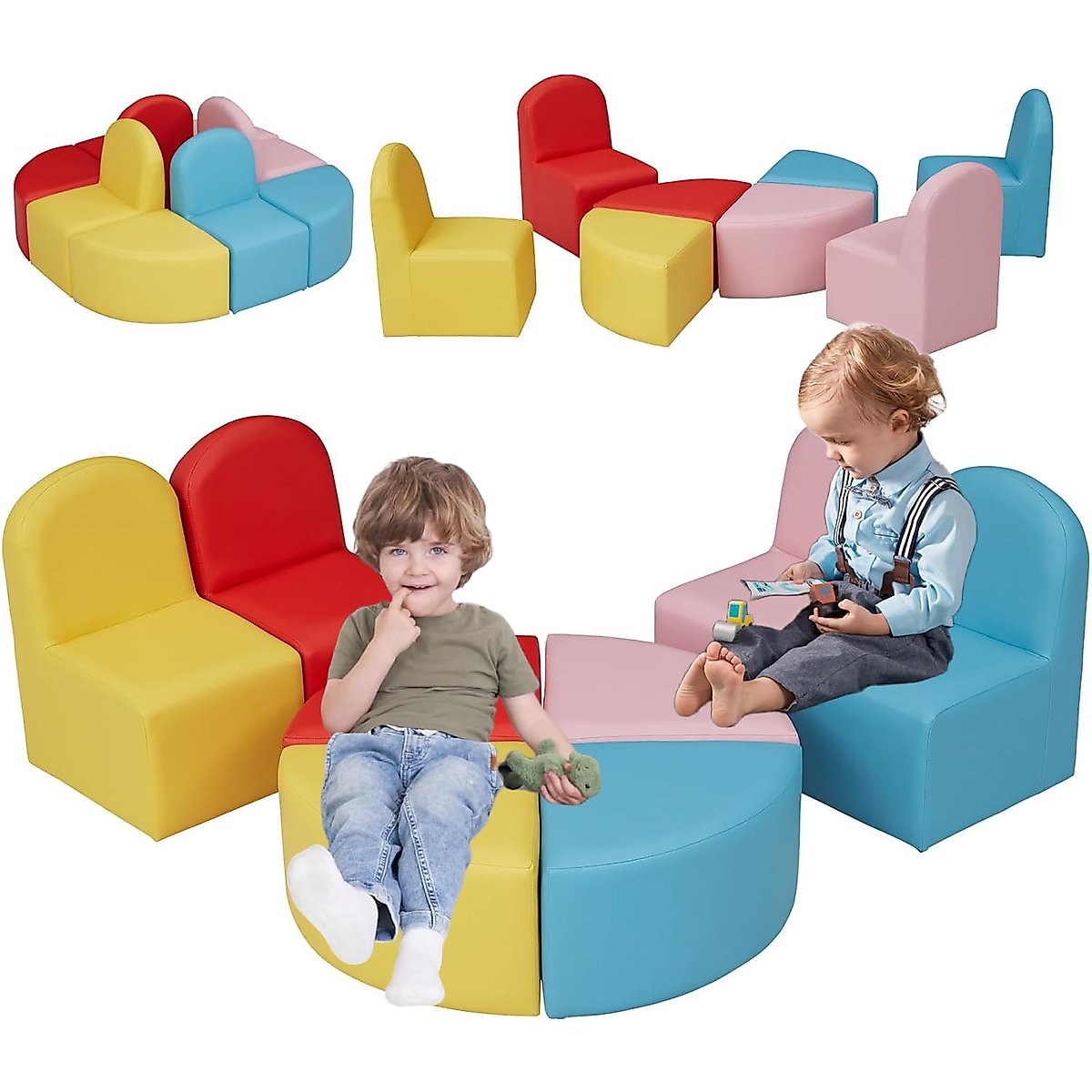 Kinsuite Kids Sofa Seating Set Convert to Table and 4 Chairs Colorful Stools for Toddlers Soft Foam Play 8 PCs Set for Classroom