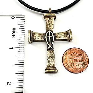 Horse Nails Antique Brass Finish Cross Mens Necklace on Black Rubber Cord