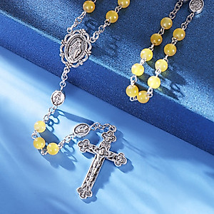 Rnivida Catholic Rosary Necklace for Women,Yellow Rosary Beads Necklace,Catholic Prayer Crucifix Virgin Mary Oval Pendant Medallion Spiritual Jewelry