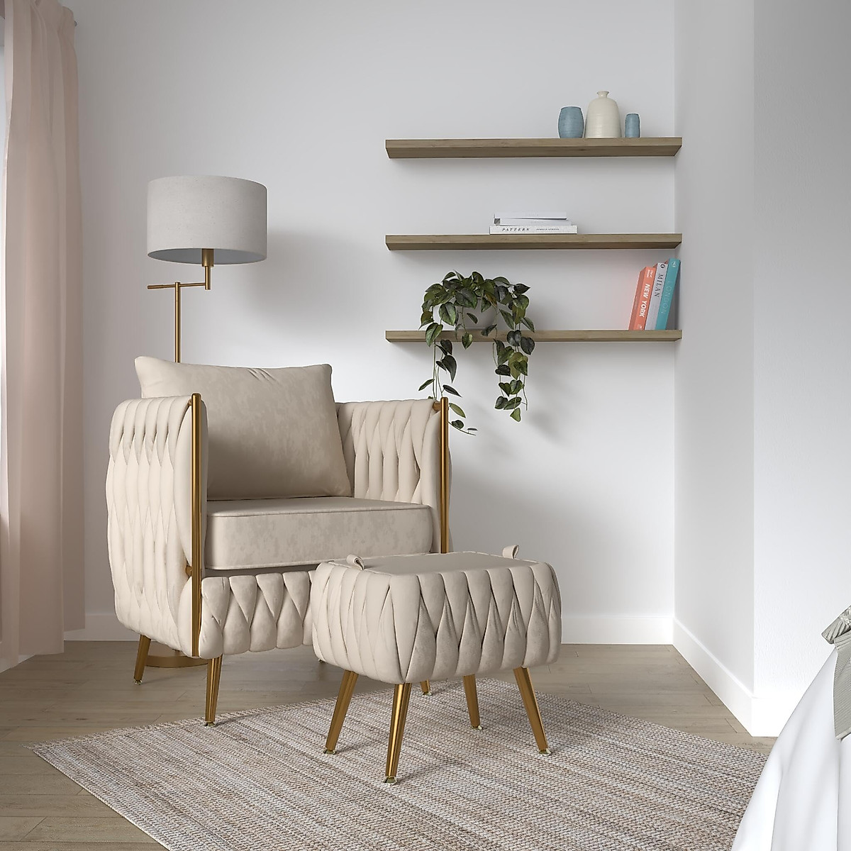 NIOIIKIT Modern Velvet Accent Chair with Storage Ottoman, Upholstered Hand Woven Lounge Chair with Pillow, Luxury Armchair, Vanity Chair for Living Room, Bedroom, Office (Beige)