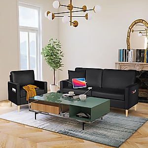 TYBOATLE Modern PU Leather Living Room Furniture 2 Pieces Sectional Sofa Couches Sets, Loveseat w/ 2 USB Charging Ports and Comfy Accent Arm Chairs for Small Space, Apartment, Office, Studio (Black)