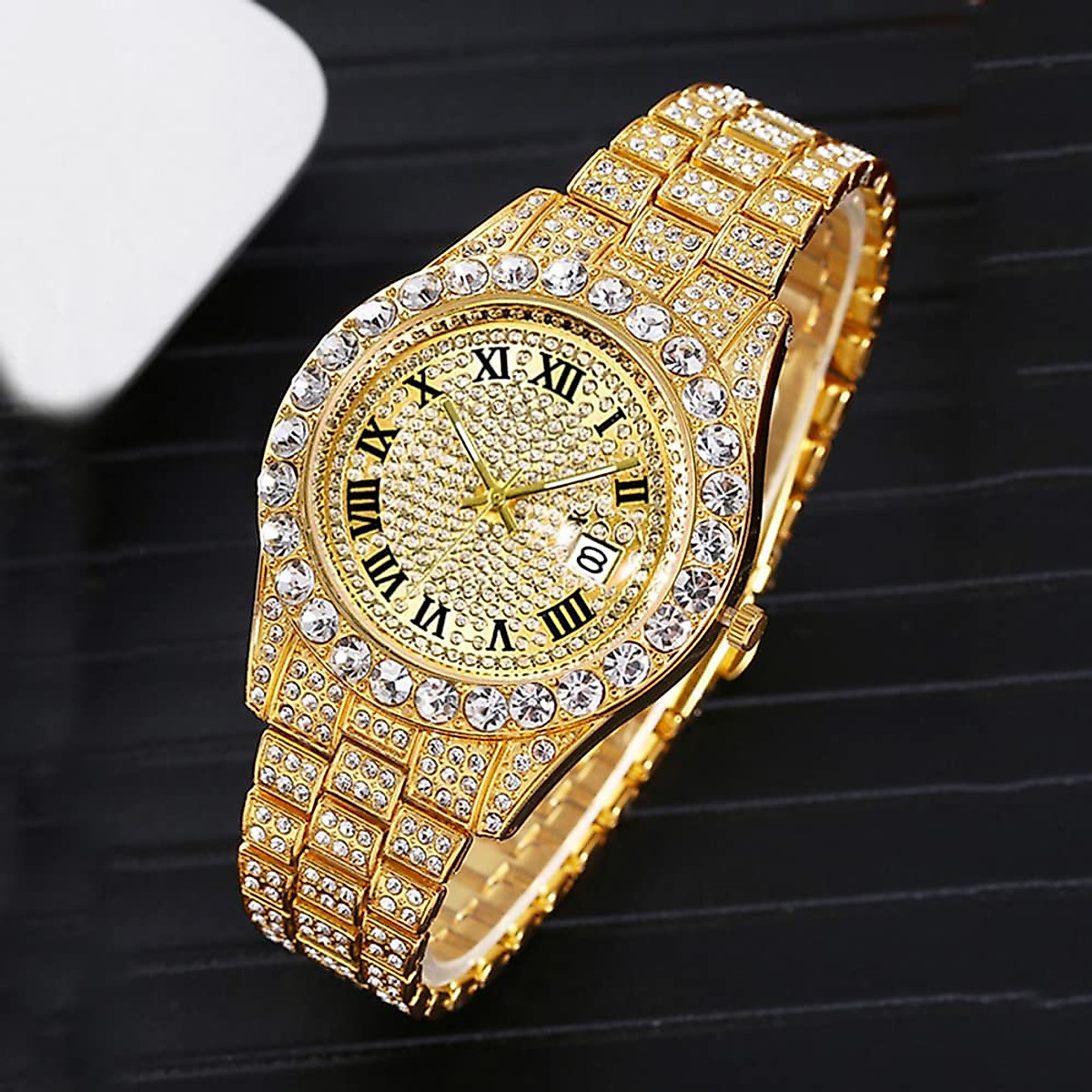 HUNRUY Hip Hop Watches for Men Iced-Out Bling Diamond Luxury Quartz Watches with Date (42mm Face Gold Diamond)