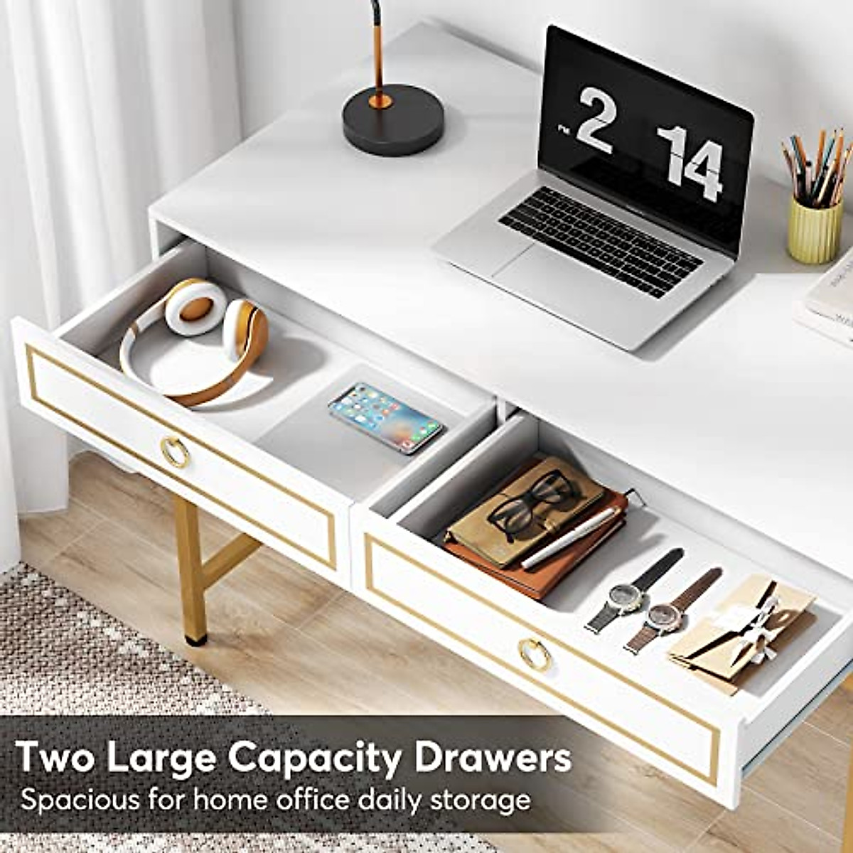 Tribesigns Computer Desk with 2 Drawers, 41.34” Modern Simple White and Gold Writing Desk with Storage Drawers, Makeup Vanity Console Table Study Desk for Home Office
