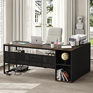 Furniouse 71 inch Executive Desk, L Shaped Desk with Cabinet Storage, Executive Office Desk with Shelves, Large Vanity Desk Workstation with CPU Stand for Home Office, Brown and Black