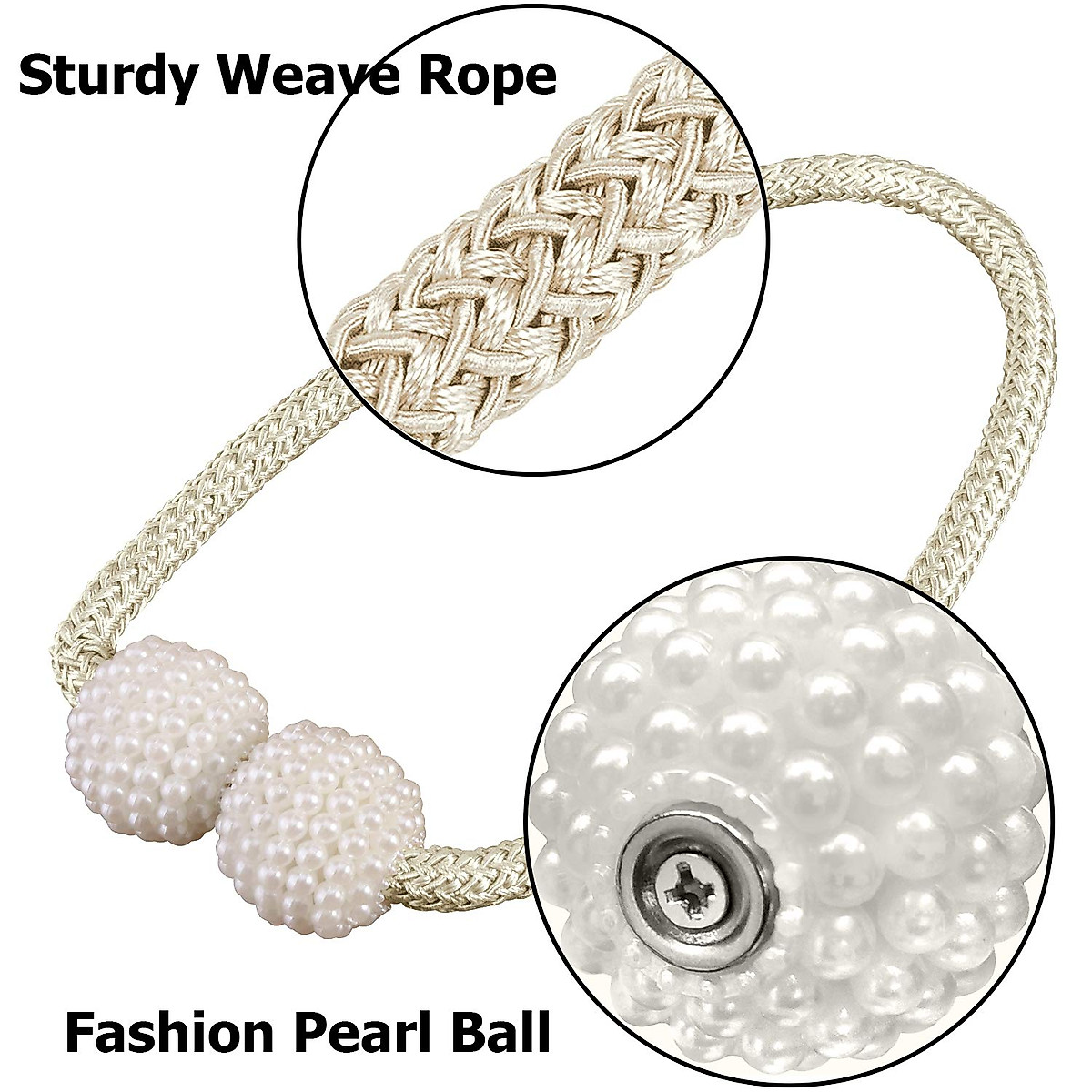 8 Pack Curtain Tiebacks, Drape Tie Backs Decorative Curtain Holdbacks Holder Magnetic Curtain Tiebacks for Window Draperies, No Tools Required- Square and Pearl Shape (Beige)