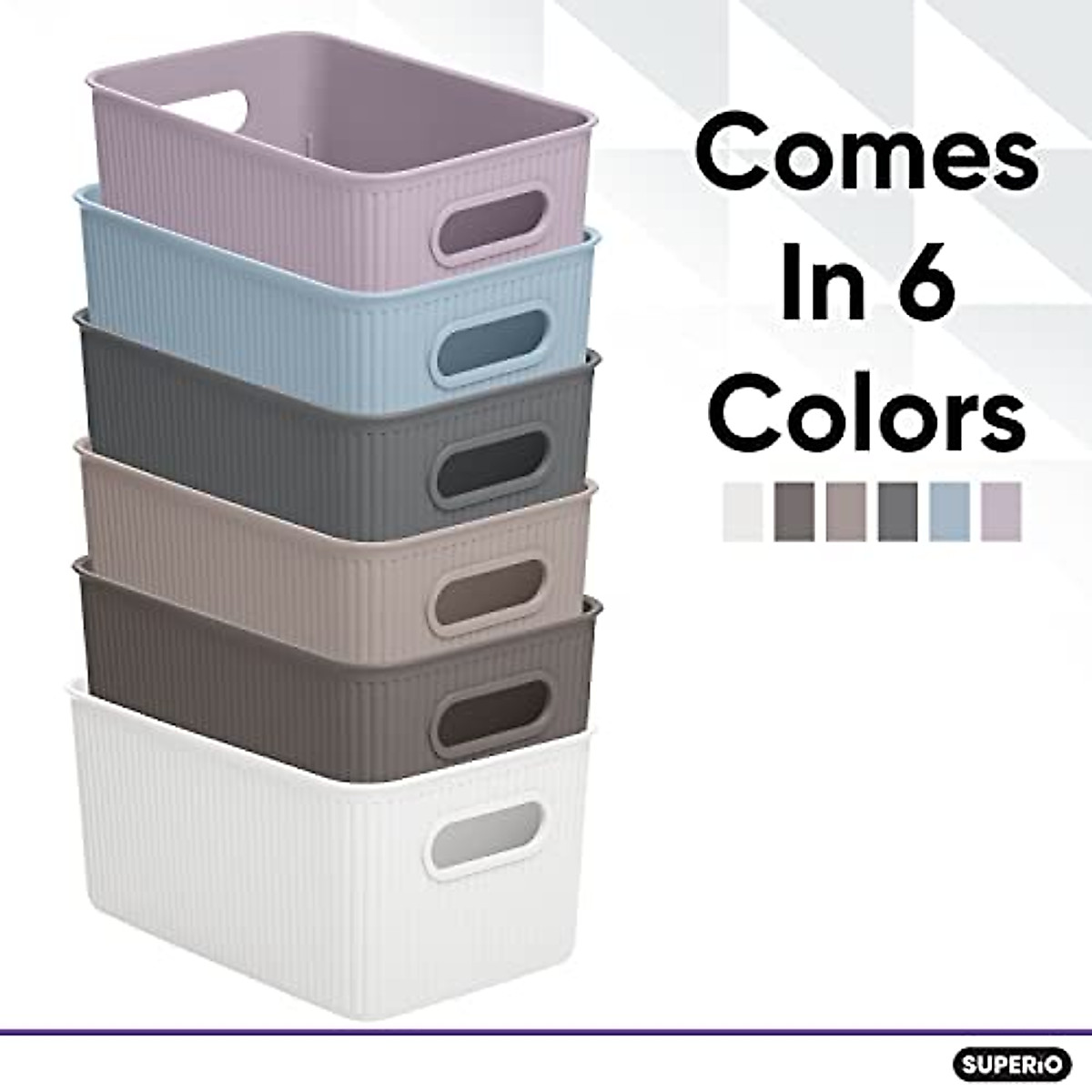 Superio Decorative Plastic Open Home Storage Bins Organizer Baskets, Medium Lilac Purple (6 Pack) Container Boxes for Organizing Closet Shelves Drawer Shelf - Ribbed Collection 5 Liter