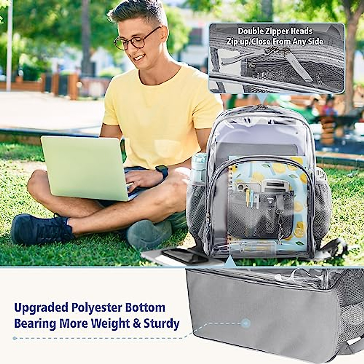 F-color Clear Backpack Heavy Duty - Large Clear Backpacks for School PVC Transparent Clear Bookbag for Work, Security, Stadium, Travel, Women, Men, Grey