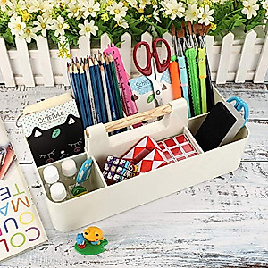 BTSKY Stackable Plastic Portable Storage Organizer Utility Caddy Tote,Divided Craft Storage Organizer Basket Bin with Wooden Handle for Craft, Sewing, Art Supplies, Office Supplies Beige White