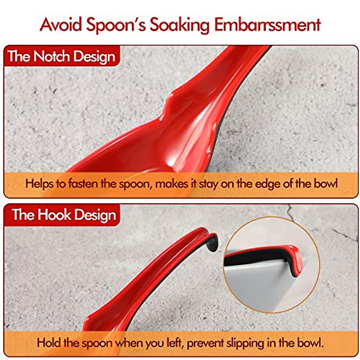 12 PACK Asian Soup Spoons, Rice Spoons, Melamine Chinese Won Ton Soup Spoon For soba, pho, ramen, Noodle, Korean Style Large Spoon with Long Handle- Notch and Hook Style, Red ＆ Black