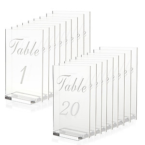 FVIEXE 20PCS Acrylic Wedding Table Numbers 1-20 with Stands, 4x6 inches Clear Table Numbers for Wedding Party Reception Sign Place Number Cards Printed Calligraphy Font for Event Banquet Anniversary