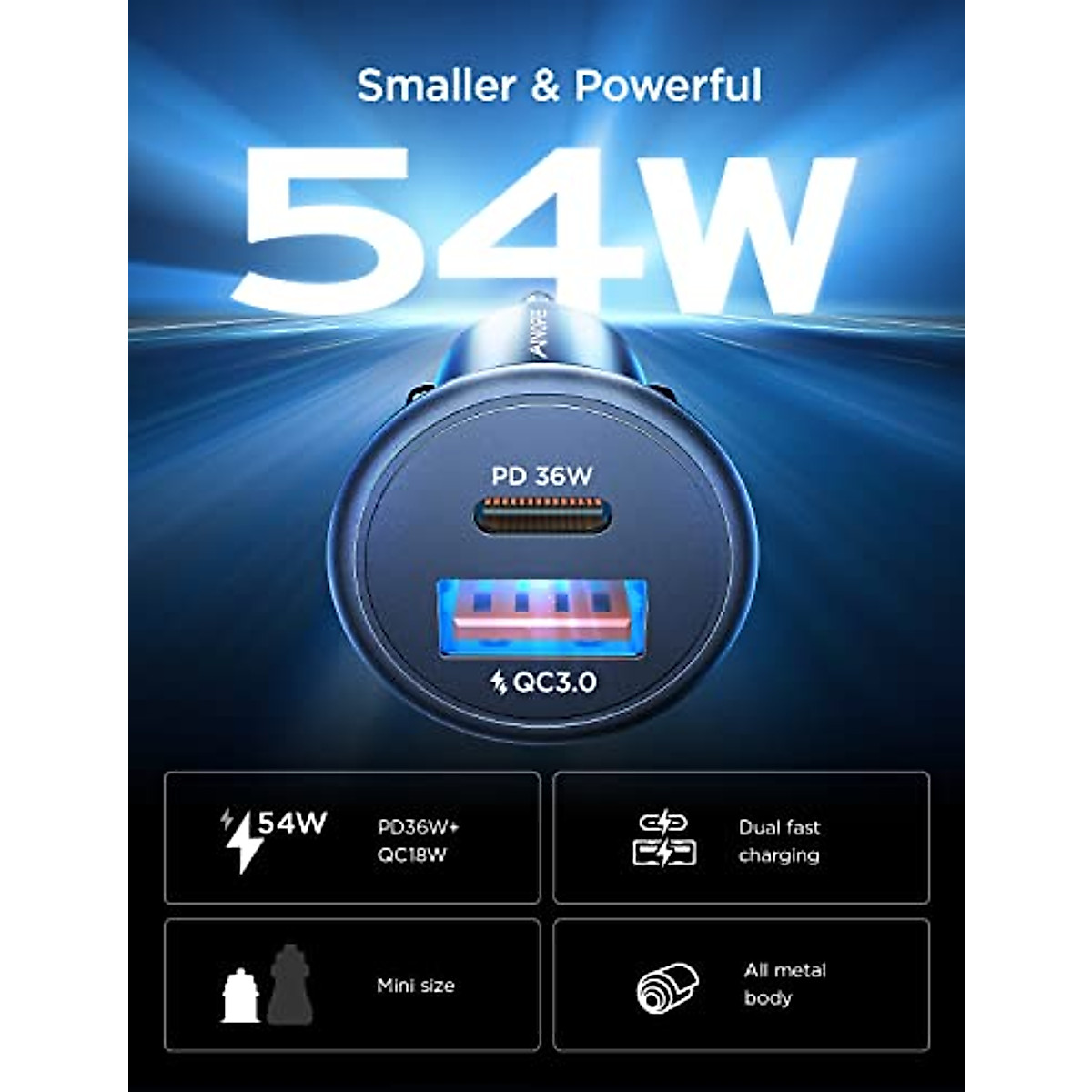 USB C Car Charger 54W iPhone Car Charger Adapter [Mini&Metal] AINOPE USB Car Charger Fast Charge PD36W&QC3.0 Car Phone Charger Fast Charging for iPhone 14 Pro Max Plus 13 12 Samsung S23/22/21 Pixel