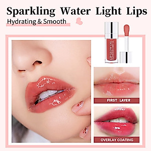 NewBang 2pcs Hydrating Lip Glow Oil Set Tinted Plumping Lip Care Gloss Balm Big Applicator Clear Transparent Toot Nourishing Non-sticky Moisturizing Glitter Shine Primer for Dry Lip Pink&Rosewood