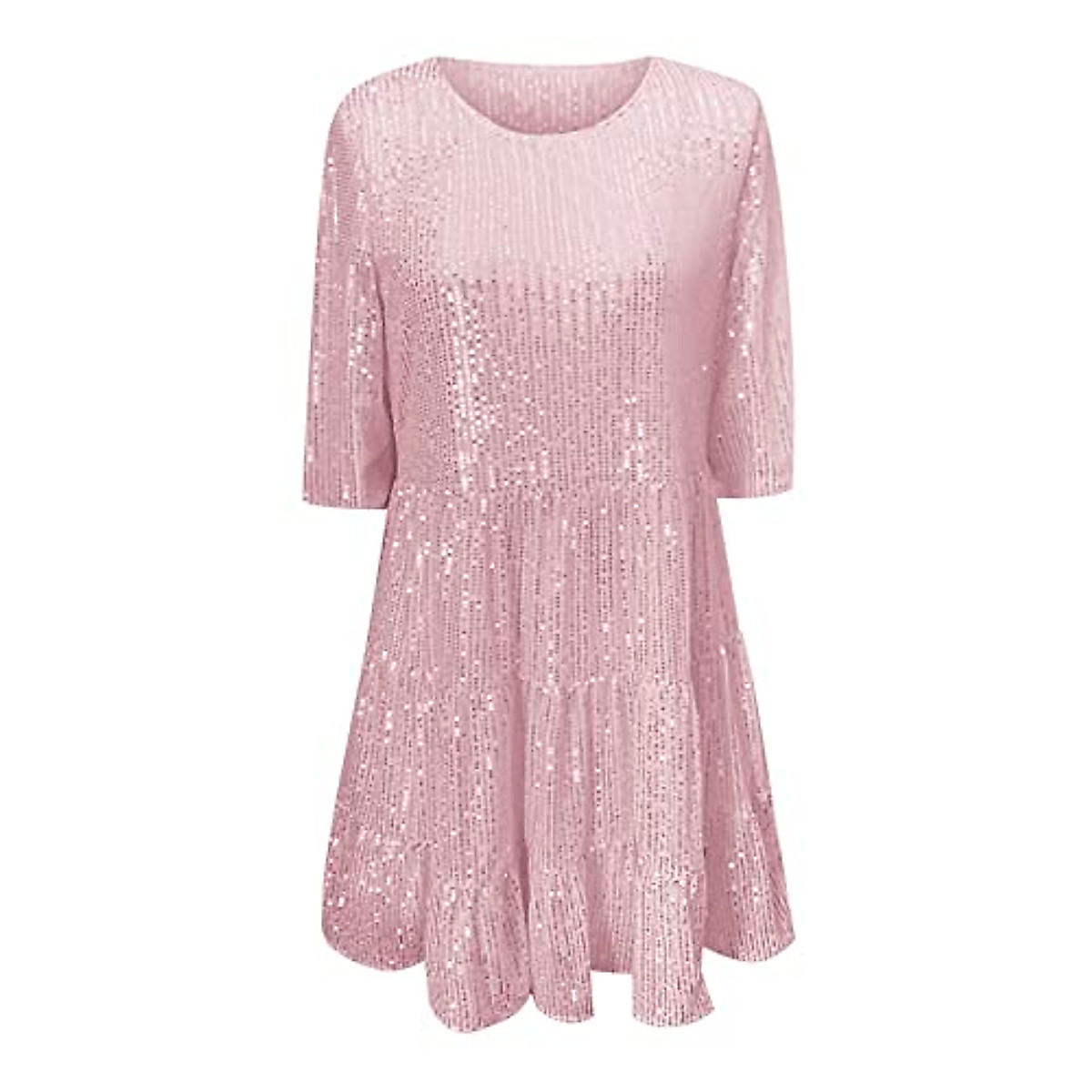 Cnebo A Line Dresses for Women Wedding Guest Ladies Sequin Sequins Round Neck Short Sleeves Big Swing Cute Dress Red