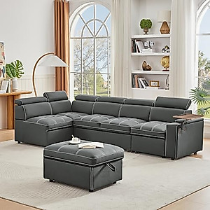 Microfiber Sectional Sleeper Sofa with Pull-Out Bed , 5 Seater Convertible L-Shaped Couch with Adjustable Headrest , Storage Armrest , Ottoman ,Cupholder ,360° Rotated Table ,USB Ports for Living Room