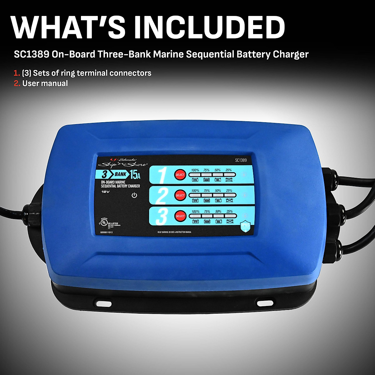 Schumacher-SC1389 Fully Automatic Direct-Mount 3-Battery Charger and Maintainer - 15 Amp, 12V - for Marine Batteries