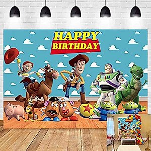Cartoon Toy Story Birthday Party Theme Photography Backdrops Blue Sky White Clouds Banner Kids Birthday Party Photo Background Cake Table Decoration Supplies Studio Booth Props 5x3ft Vinyl