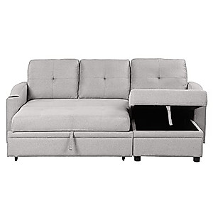 Verfur L Shaped Sectional Sofa with Pull Out Bed, Modern Button Tufted Convertible Sleeper Couch, Linen Fabric Upholstered 3 Seater Corner Sofa&Couch with Reversible Storage Chaise and Cup Holder