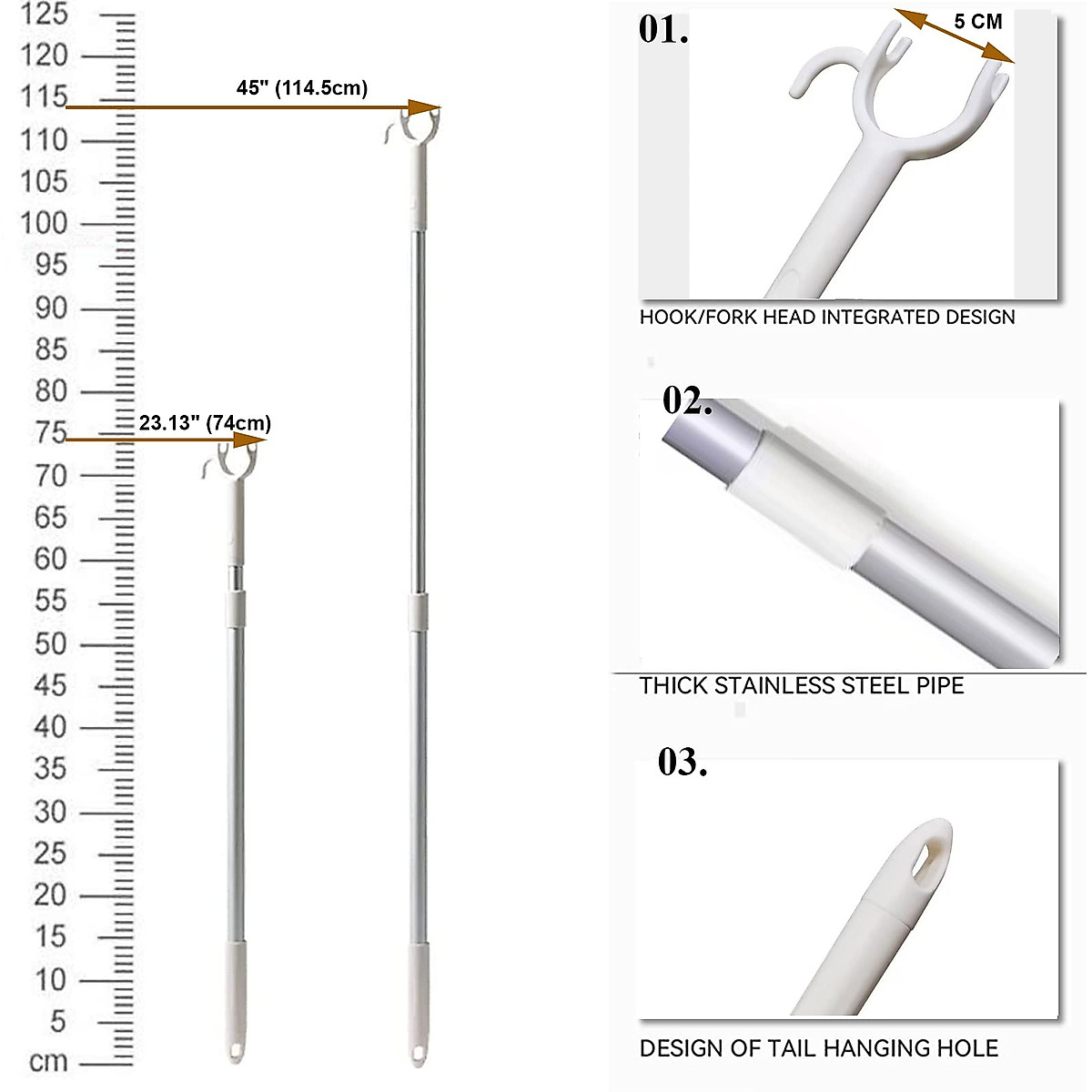Long Pole with Hook Reach Stick Closet Pole 45" Extendable Pole with Long Handle for High Reaching Closet Rods, Window Curtain, Top Ceiling