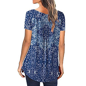 Plus Size Womens Tunic Tops To Wear With Leggings Summer Short Sleeve Henley Shirts Casual Ruffles Button Up Blouses Blue Print 2XL
