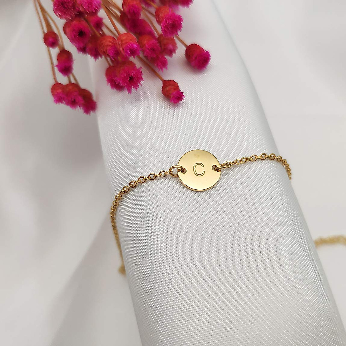Personalized Initial Bracelet, 18K Gold Plated Stainless Steel Letter C Bracelet Dainty Coin Charm Bracelet Delicate Disc Name Bracelet for Women