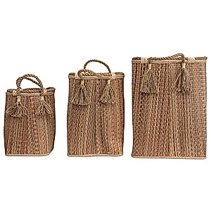 Creative Co-Op 14.25", 18" & 22" Handwoven Seagrass Handles & Tassels (Set of 3 Sizes) Baskets, Multicolor