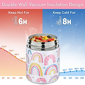 wiwens 12oz Soup Thermo for Hot Food Kids Insulated Food Jar Wide Mouth Lunch Container Leak Proof Stainless Steel Vacuum Bento Box for School Office Travel Outdoors White-Rainbow