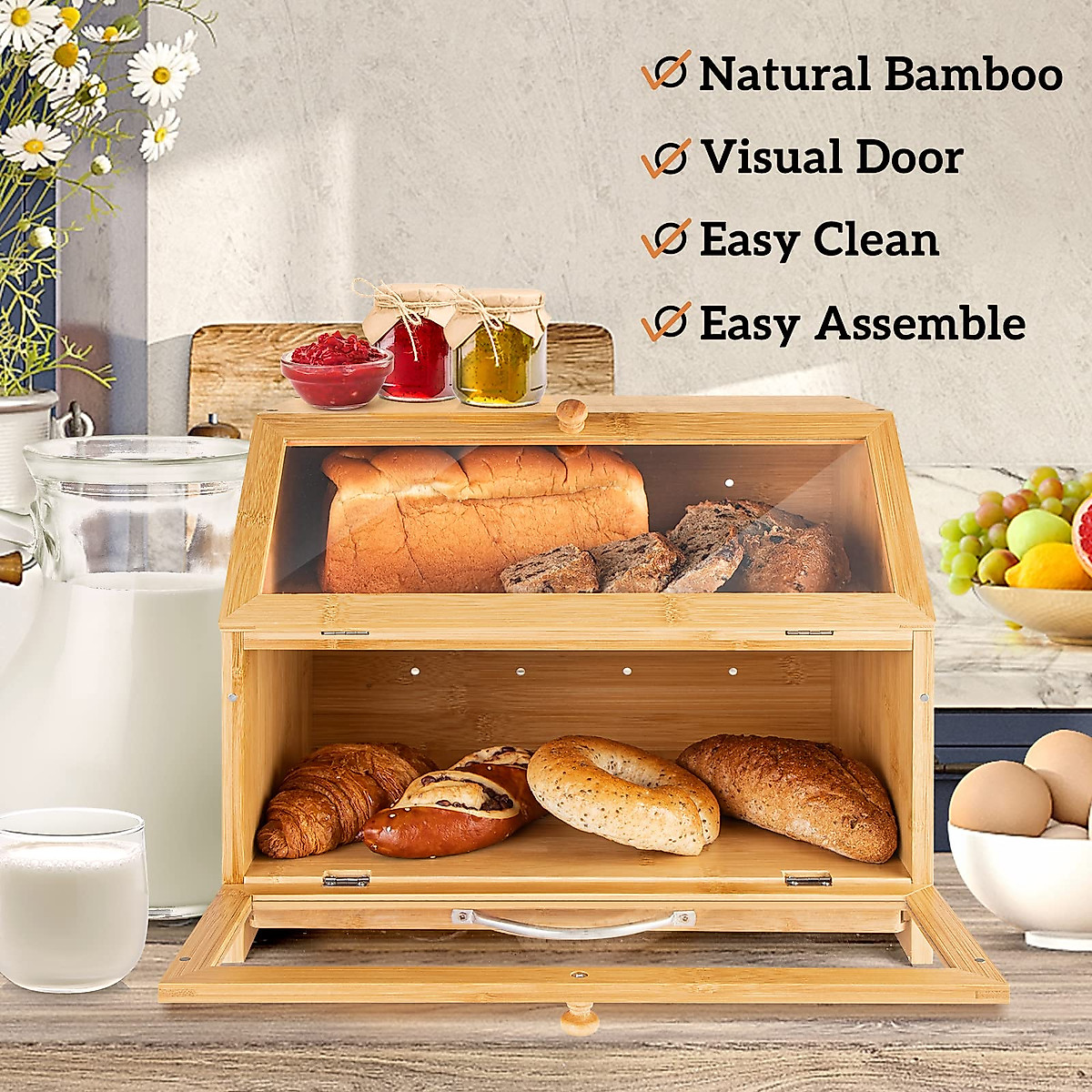 Vrullu Bread Box for Kitchen Countertop, Bamboo Bread Container with Double Layer, Large Capacity Bread Storage with Acrylic Doors, Cutting Board and Stainless Steel Bread Knife