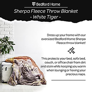 Bedford Home Sherpa Fleece Throw Blanket, Machine Washable, Warm, Soft, Hypoallergenic, Breathable, Lightweight Multipurpose Plush Warmer for Adults and Kids - White Tiger Print - 60” (L) x 50” (W)