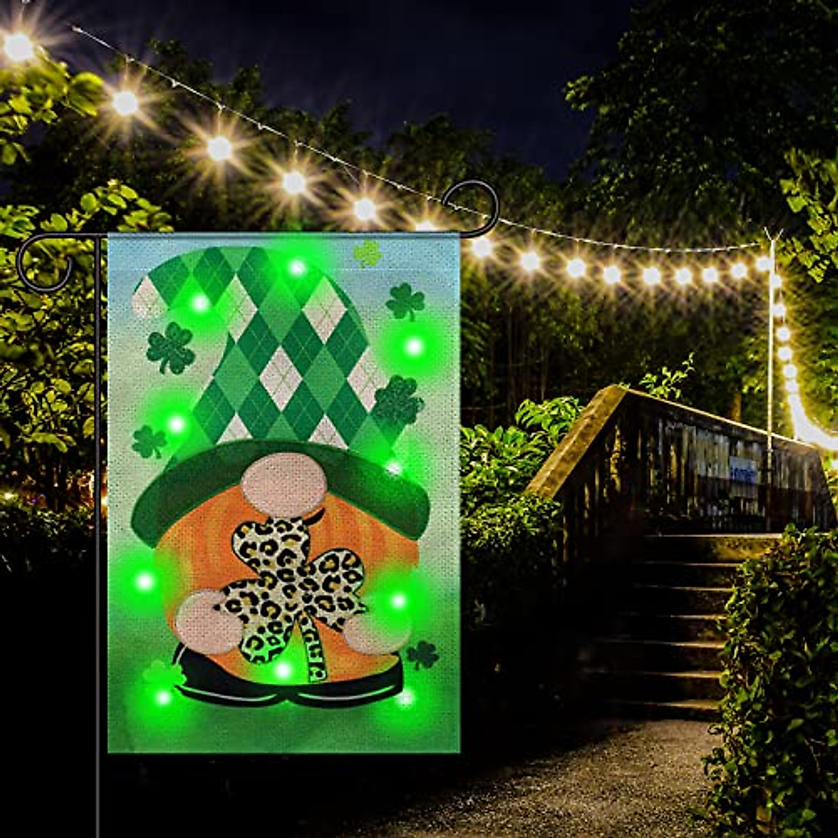 St Patrick's Day Garden Flag with Green Led Lights Good Shamrock Luck Truck Gnome 12 X 18 Inch Double Sided Garden Flag Durable Burlap Shamrock Garden Flag for Lawn Party Outdoor Decorations (Gnome-3)