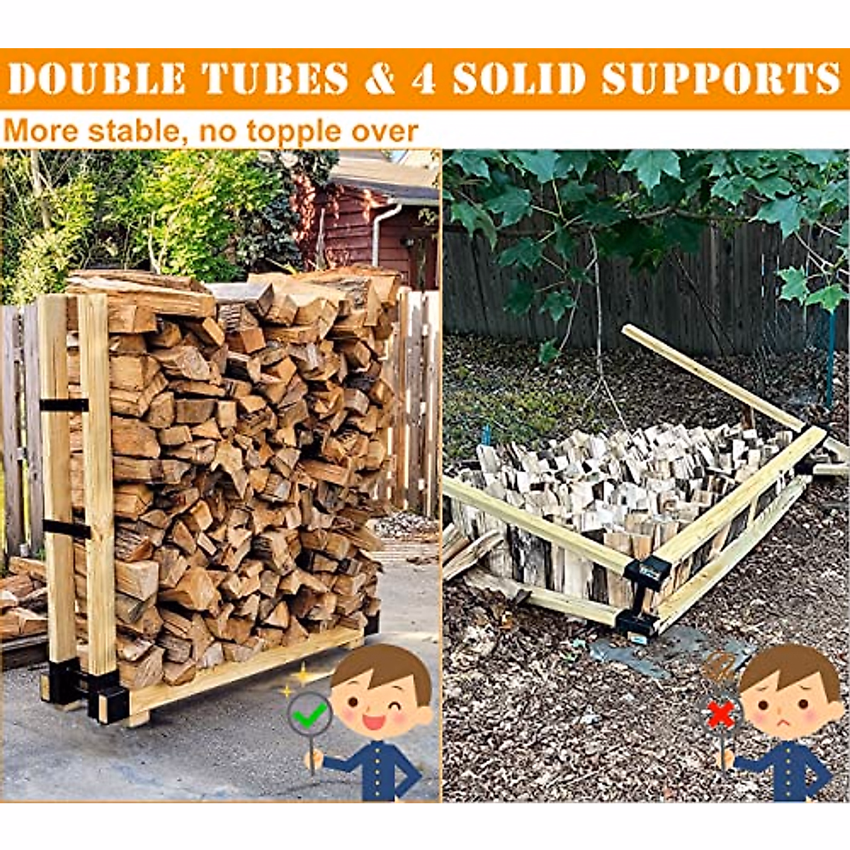 BALIE SPACE Outdoor Firewood Rack Brackets Kit for Fire Wood Pile Storage, Adjustable log stacking Stand Holder for 2x4 lumber, Black, Set of 2…