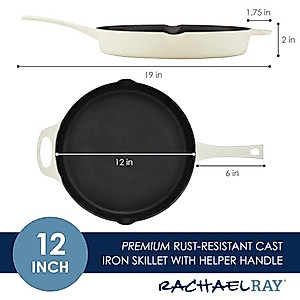Rachael Ray NITRO Cast Iron Frying Pan/Skillet with Helper Handle and Pour Spouts, 12 Inch, Almond