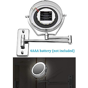 7X Magnifying Lighted Makeup Mirror Wall Mounted Swivel Mirror 6-inch Extending Folding Double Side Cosmetic Bathroom Shaving Mirror Matte Round Chrome Finished Powered by Batteries Vanity Mirror