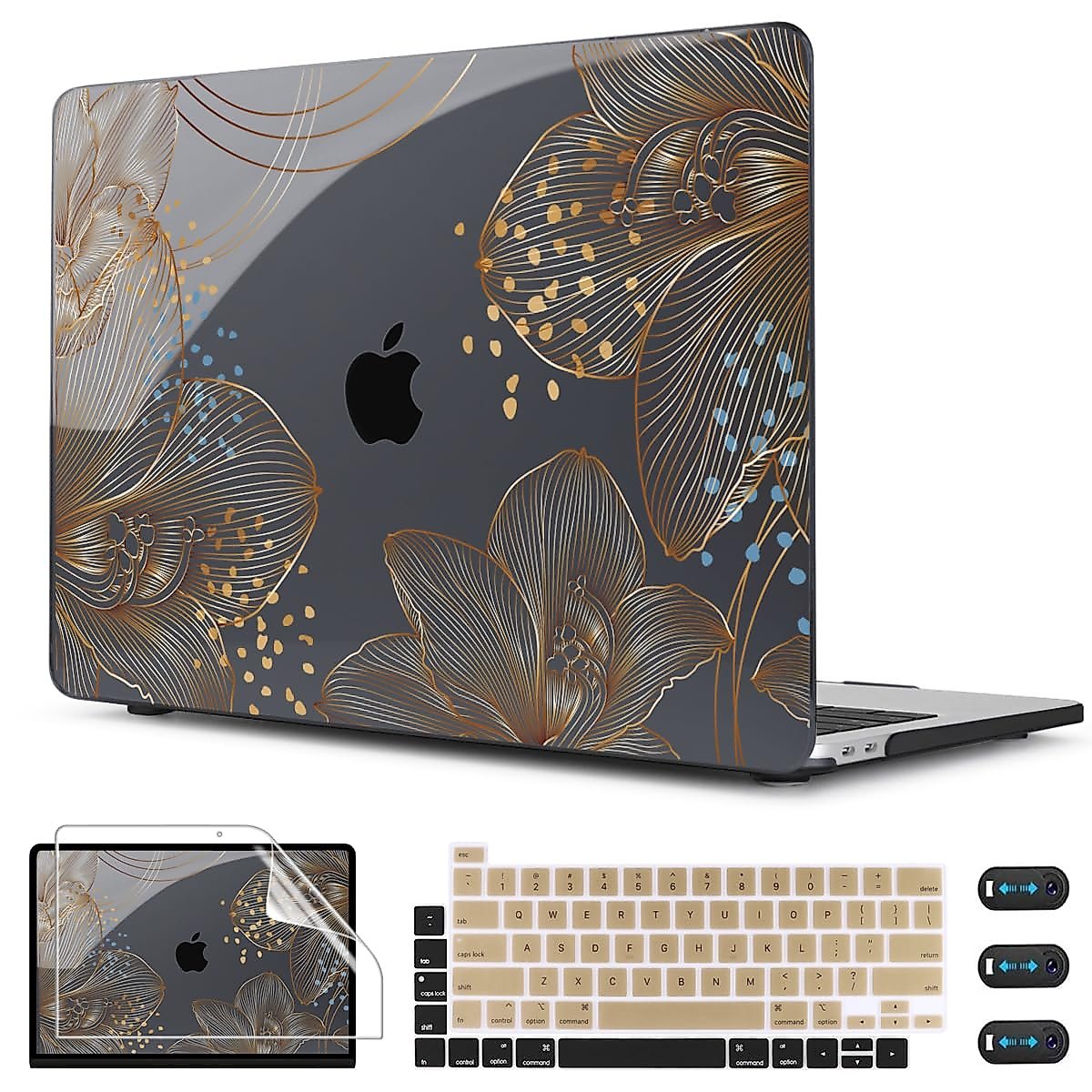 CISSOOK for MacBook Pro 13 inch Case 2023 2022-2020 Release Model A2338 M1 M2 A2289 A2251 with Touch Bar, Plastic Hard Shell Case & Keyboard Cover & Screen Protector for Pro 13, Gorgeous Gold Floral