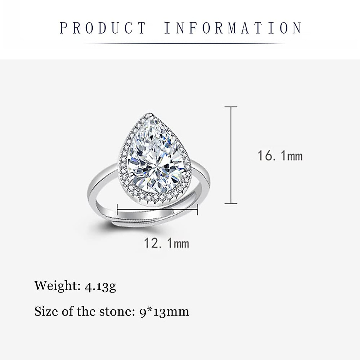 Velamnia Statement Ring for Women Pear-shaped Water-Drop Adjustable Cubic Zirconia Engagement Wedding Band Rings Eternity Ring #6-10# (White)